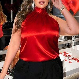 Tops | Luxe Plus Size Tie Back Halter Satin Blouse | Poshmark